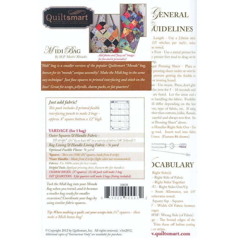 MIDI BAG Pattern – Quiltsmart – Instructions and 2 Interfacing Panels ...