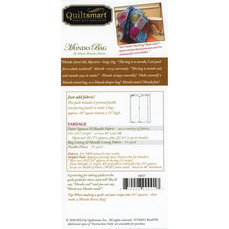 MONDO BAG Pattern – Quiltsmart – Instructions Only – Interfacing Not ...