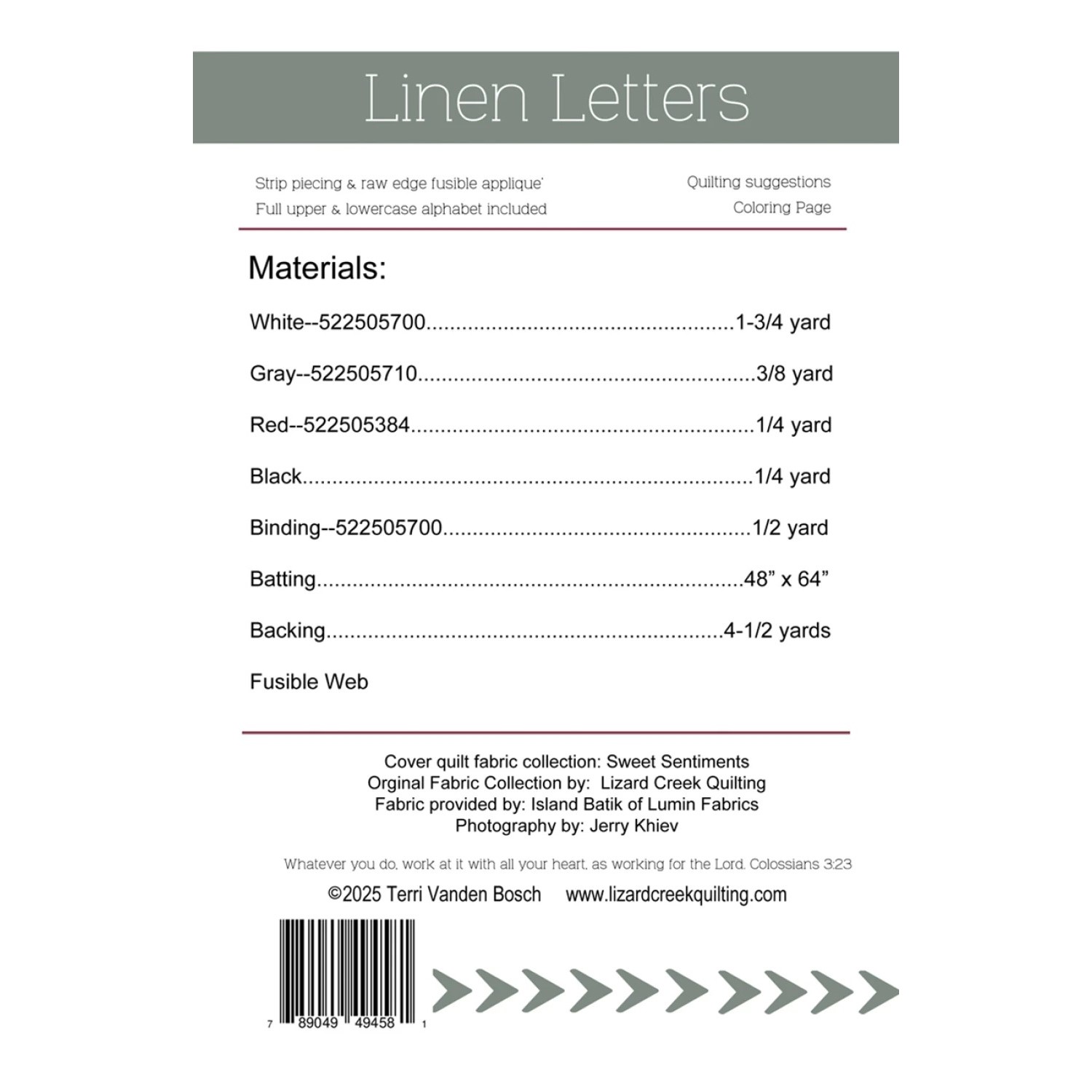 PREORDER: Linen Letters Quilt Kit – Lizard Creek Quilting – Terri ...